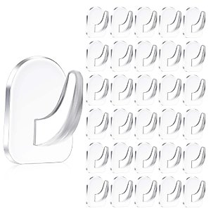 Molain 30 Pack Clear Adhesive Hooks for Hanging, Transparent Reusable Heavy Dut Acrylic Adhesive Hooks with Traceless Stickers Drill-Free Wall Hooks for Kitchen Bathroom Bedroom Office