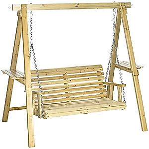 Outsunny 2-Seat Porch Swing Loveseat with Stand and Side Tables, Wooden Patio Swing Chair, for Garden, Poolside, Backyard