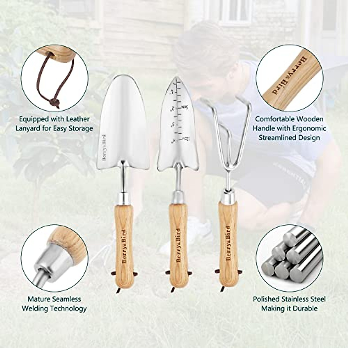 Berry&Bird Garden Tool Set, 3 PCS Stainless Steel Heavy Duty Gardening Tool Kit Includes Hand Trowel, Transplanter and Hand Cultivator with Ash Wood Handle for Transplanting Digging Loosening Soil