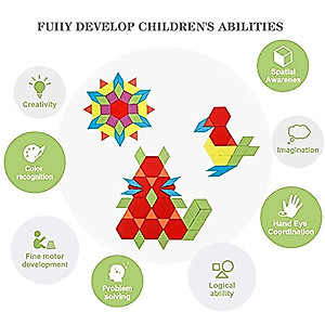 KanCai 155PCS Wooden Pattern Blocks Set Geometric Shape Puzzles Classic Educational Toys Tangrams Set for Kids Ages 3-8 with 24 Pcs Design Cards