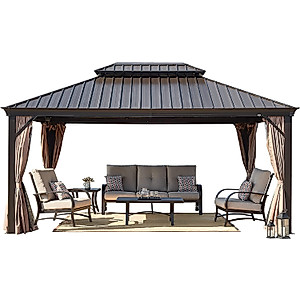 Patio Tree 12' x 16' Patio Hardtop Gazebo Outdoor Non-Rust Aluminum Permanent Pergola Shelter Tent with Galvanized Steel Canopy Roof, Mosquito Netting and Privacy Curtain