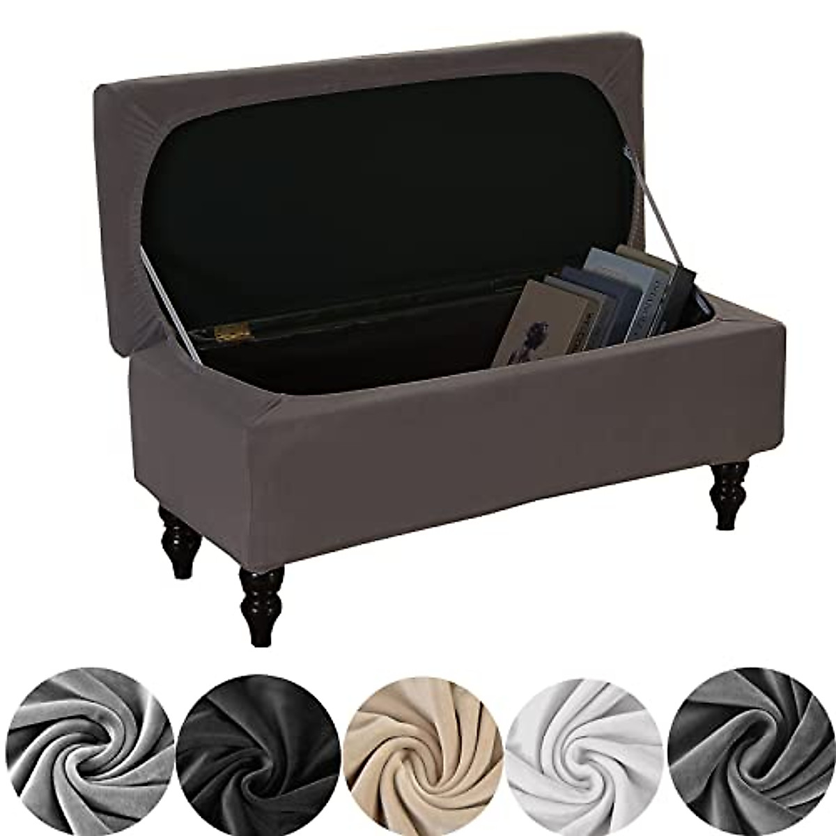 Storage Ottoman Cover,Stretch Velvet Rectangle Storage Bench Cover Jacquard Ottoman Covers Rectangle Folding Storage Bench Ottoman Cover Footrest Stool Slipcover with Elastic Bands Dark Grey Medium