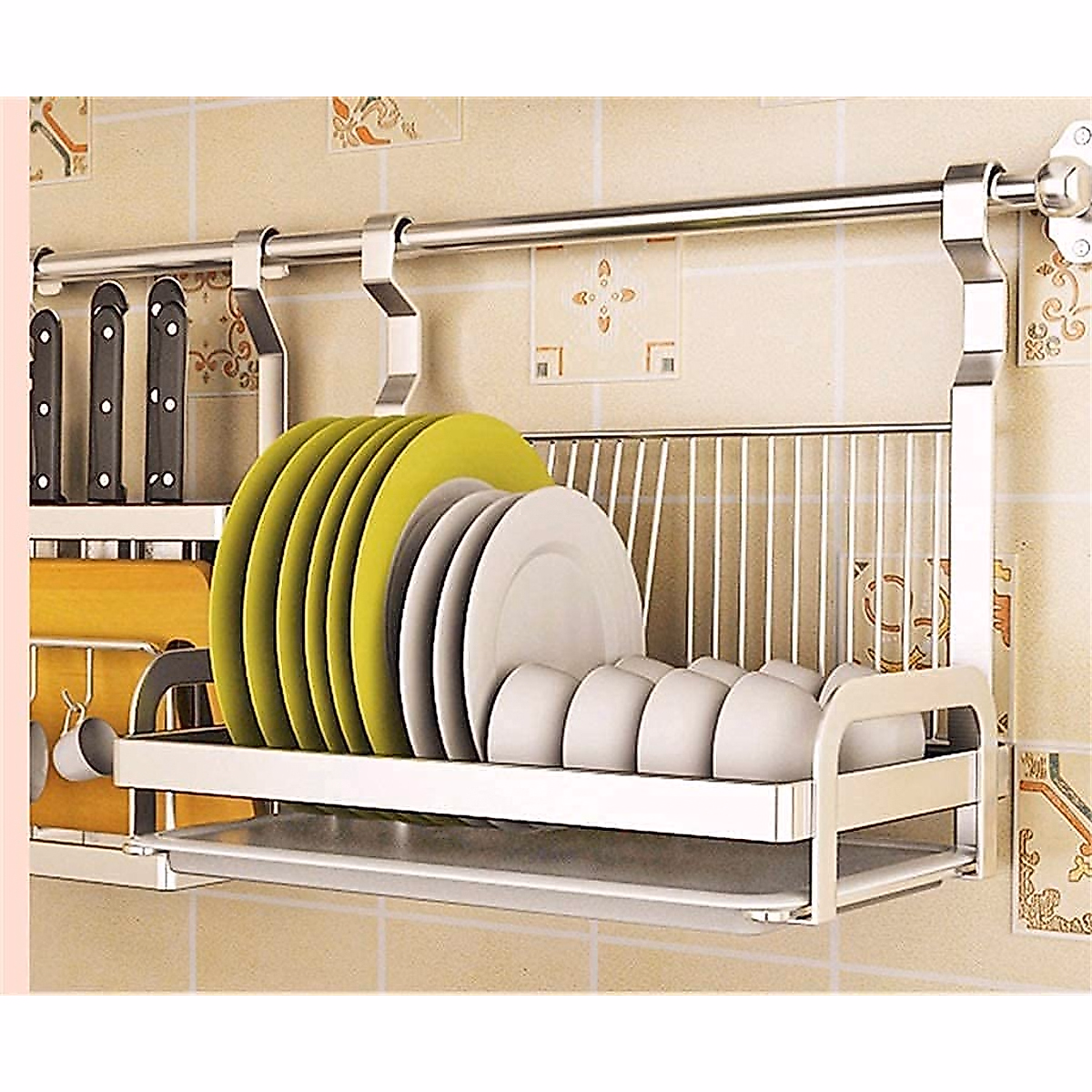 Plate Rack Multi-Purpose Kitchen Storage Shelf Wall Dish Rack Dish Drainer with Cutlery Tableware Draining Drying Storage Shelf Pan Plate Holder