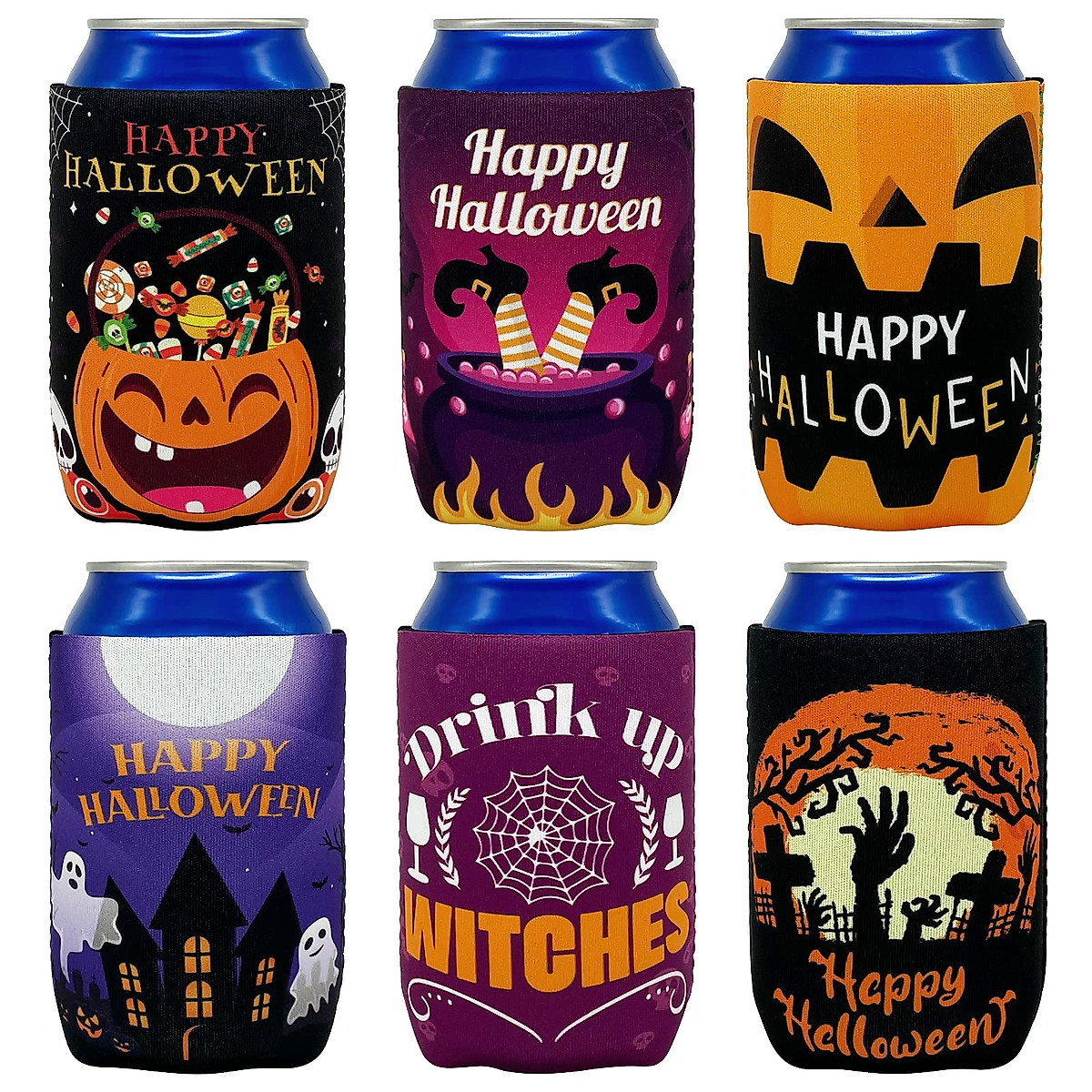 12PCS Halloween Can Coolers Sleeves –Trick or Treat Clover Beer Beverage Party Supplies Decorations Favors