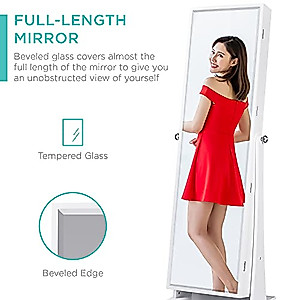 Best Choice Products 360 Swivel Mirrored Jewelry Cabinet, Full Length Armoire, LED-Lit Makeup Storage Organizer w/Internal Lights, Mirror, 3 Storage Shelves, 3 Drawers - White
