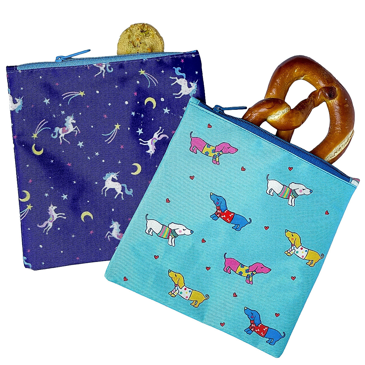 Yumbox Reusable Fabric Sandwich and Snack Bags (Set of 2 Unicorns and Cute Dog prints) for toddlers and kids' lunches. Zip Closure, Wide Opening, Washable, Food Safe, BPA Free, large 8x8 in.