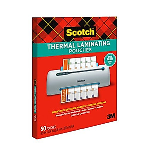 Scotch Dry Erase Thermal Laminating Pouches, 50-Pack, Works with Dry Erase Markers, Reuseable Worksheets, Calendars, Checklists, 8.9 x 11.4 Inches, Letter Size, Clear Professional Finish (TP3854-50DE)