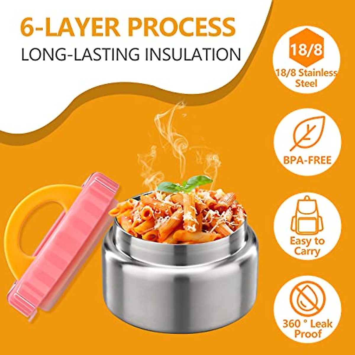 PIQUEBAR 8 Ounce Kids Thermo For Hot Food Vacuum Soup Thermo Insulted Food Jar, Lunch Container for School, Travel, Stainless Steel (8oz Pink)