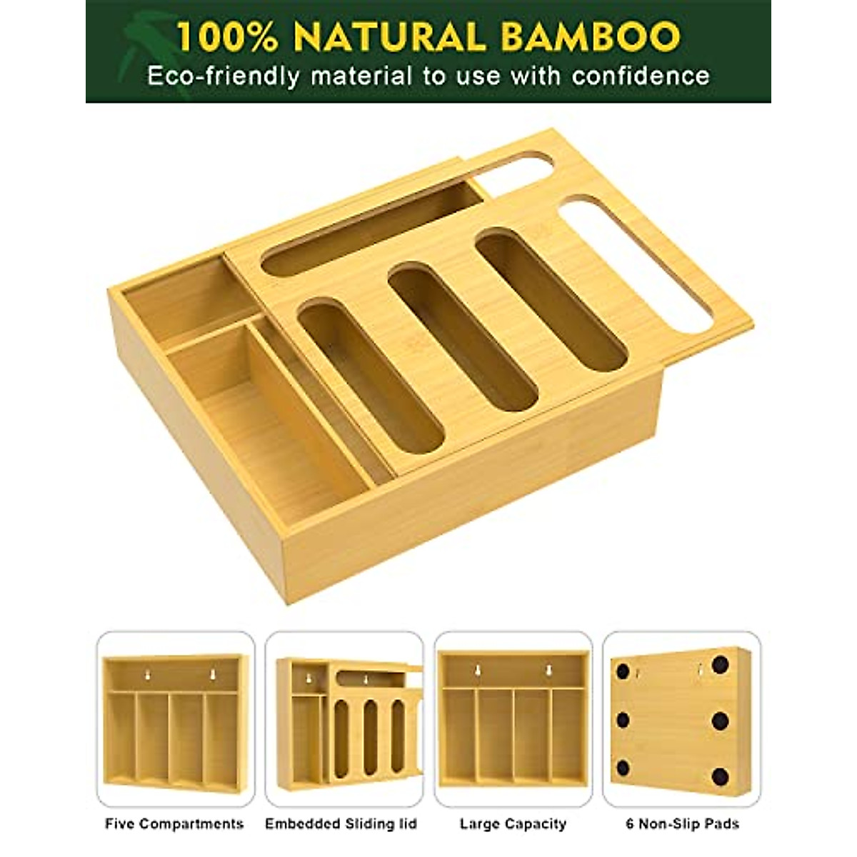 VenDotbi Bamboo Ziplock Bag Organizer for Drawer, Storage Bag Organizer, Plastic Bag Organizer 5 Slot Baggie Organizer for Kitchen Compatible with Gallon, Quart, Sandwich & Snack Variety Bags-Natural