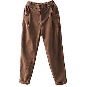 Minibee Women's Cropped Corduroy Pants Elastic Waist Retro Trouser with Pockets Brown