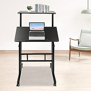 PIOJNYEN Mobile Stand up Desk, Small Adjustable Standing Desk with Wheels Home Office Workstation, Portable Rolling Desk Laptop Cart for Standing or Sitting, Black (23.62 * 11.81in, Black)