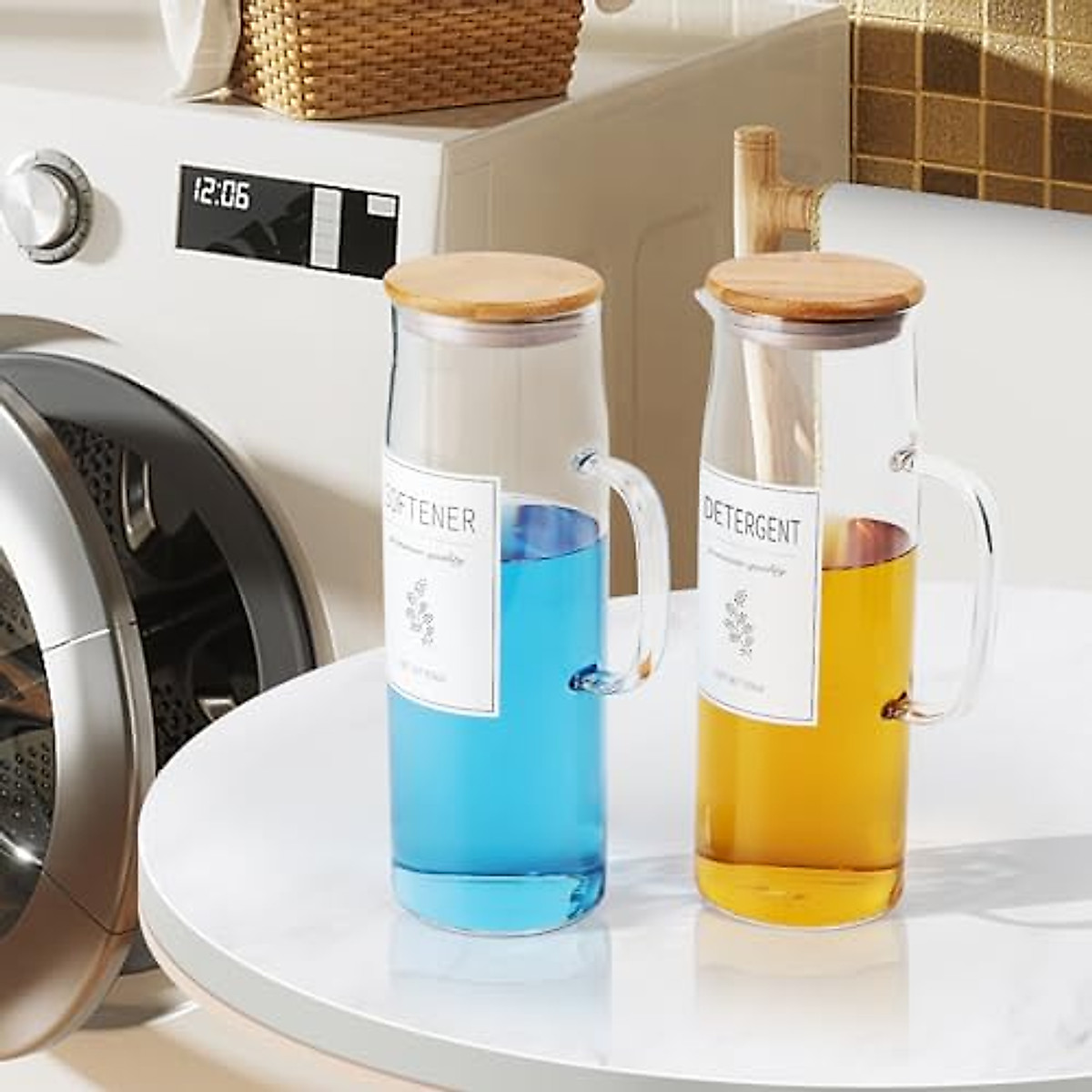 KitHero Laundry Detergent Dispenser Set with Bamboo Lids and Handles - Easy Pour 2 Pack 50 oz Liquid Laundry Containers for Laundry Room Organization and Storage