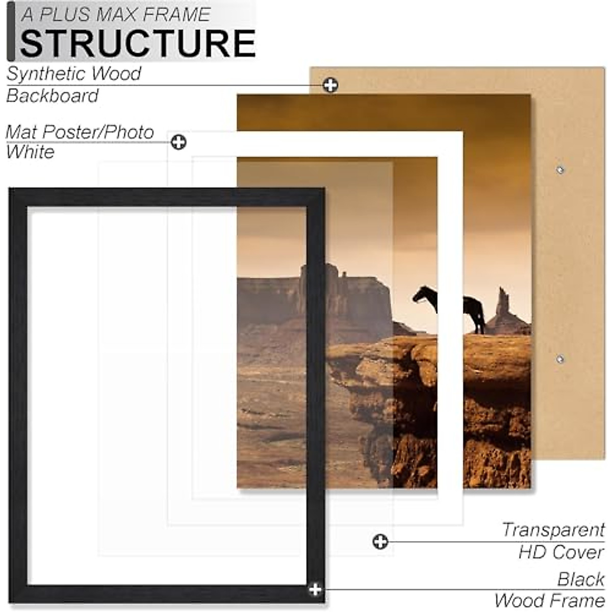 A PLUS MAX 16x20 Picture Frame Set of 4, Engineered Wood Frame Display Photo 11x14 with Mat or 16 x 20 without Mat, 16by20 Frame with Black Wood Grain for Wall - 4 Pack/Black/16 x20