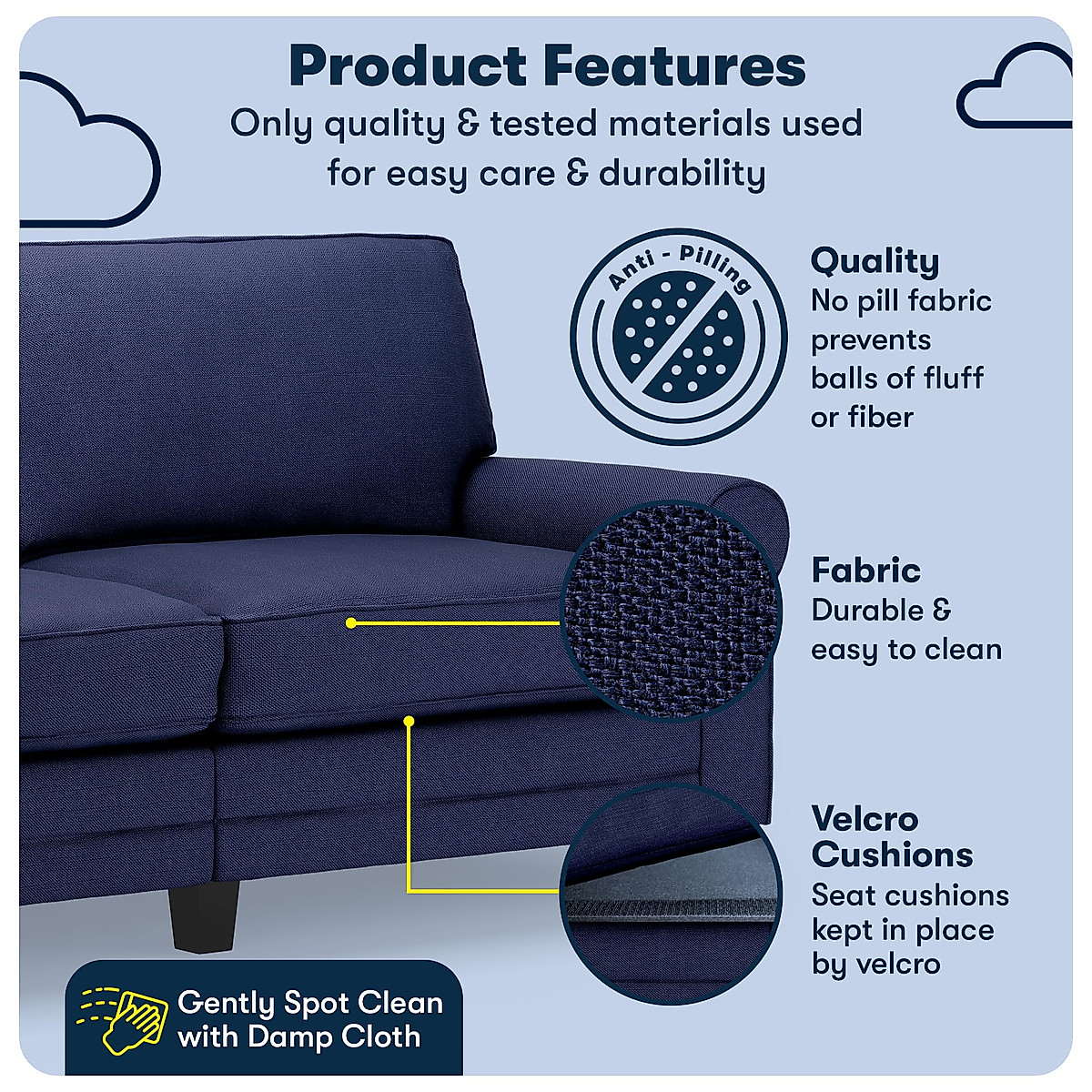 Serta Copenhagen 78" Sofa - Pillowed Back Cushions and Rounded Arms, Durable Modern Upholstered Fabric - Navy Blue