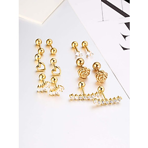 6 Pairs Stainless Steel Tragus Cartilage Earrings Labret Studs Barbell Lip Nose Body Stud Piercing for Men Women Ornament (Gold)