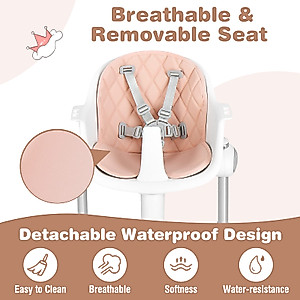 INFANS Baby High Chair, Modern Convertible Design Highchair with Aluminum Construction, 5 Different Heights, Removable Tray, Detachable PU Leather Cushion, Dinning Seat for Infant and Toddlers Pink