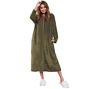 Ekouaer Womens Long Zipper Robes Casual Luxury Fleece Robes Winter Soft Comfy Sleep Robe Army Green L