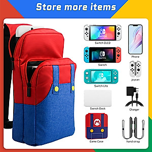 GLDRAM Theme for Mario Switch Travel Bag, Cute Carrying Bag for Nintendo Switch/OLED/Lite, Breathable Switch Crossbody Shoulder Backpack Accessories Bundle with 12 Slots Game Case Holder & Thumb Caps
