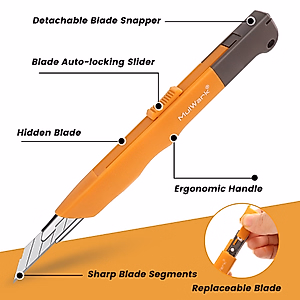 Mulwark 11PC Box Cutter Retractable Utility Knife Set - Heavy Duty Craft Knife with 10PC Sharp Snap-off 9MM 30 Degree Blades for Precision Cutting