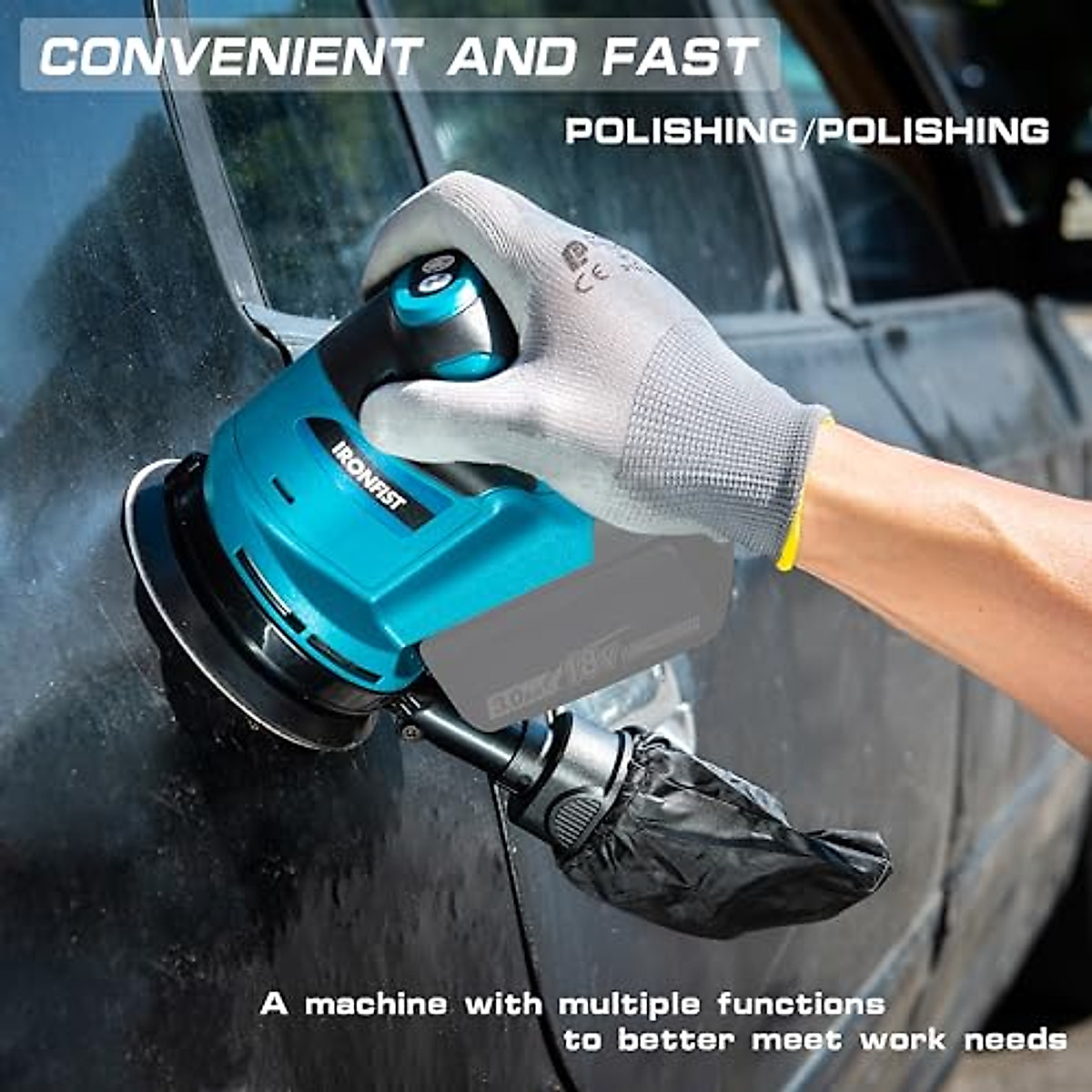 IRONFIST Random Orbit Sander 5inch 21V Lithium Battery 3 Speed Setting with Dust Bag 20pcs sandpapers and 3pcs Polishing Sponges