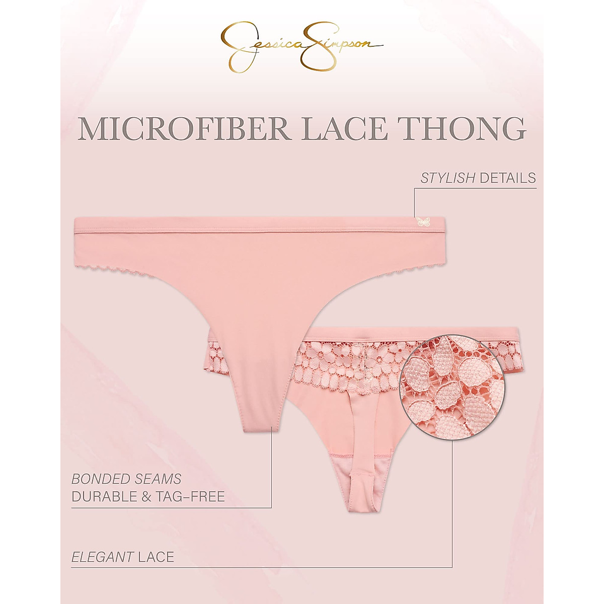 Jessica Simpson Women's Thong Panties - 6 Pack Seamless Lace Microfiber Underwear for Women, Size Small, Brunette/Mellow Rose/Jet Black