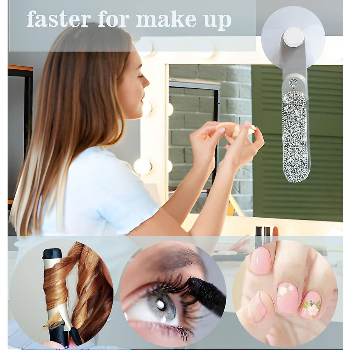 Mini Portable Bride Fan with Rhinestone Decor Bling Foldable Battery Operated Little Handheld Fan for Desk, Camping, Travel, & Outdoor Events for Bride（White)