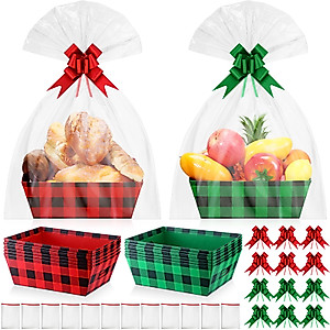 Wonderjune 12 Pack Christmas Gifts Empty Basket Kit 9.8 x 8.3'' Red Green Plaid Cardboard Basket to Fill Bulk with Handle Shrink Wrap Bags, Pull Bows, Raffle Gift for Xmas Decor