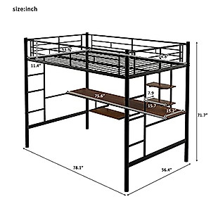 GLORHOME Full Size Metal High Loft Bed with Under-Bed Long Desk & Storage Shelves Ladder Safety Guard Rails, Space Saving Bedroom Furniture for Kids Teens Adults, Black