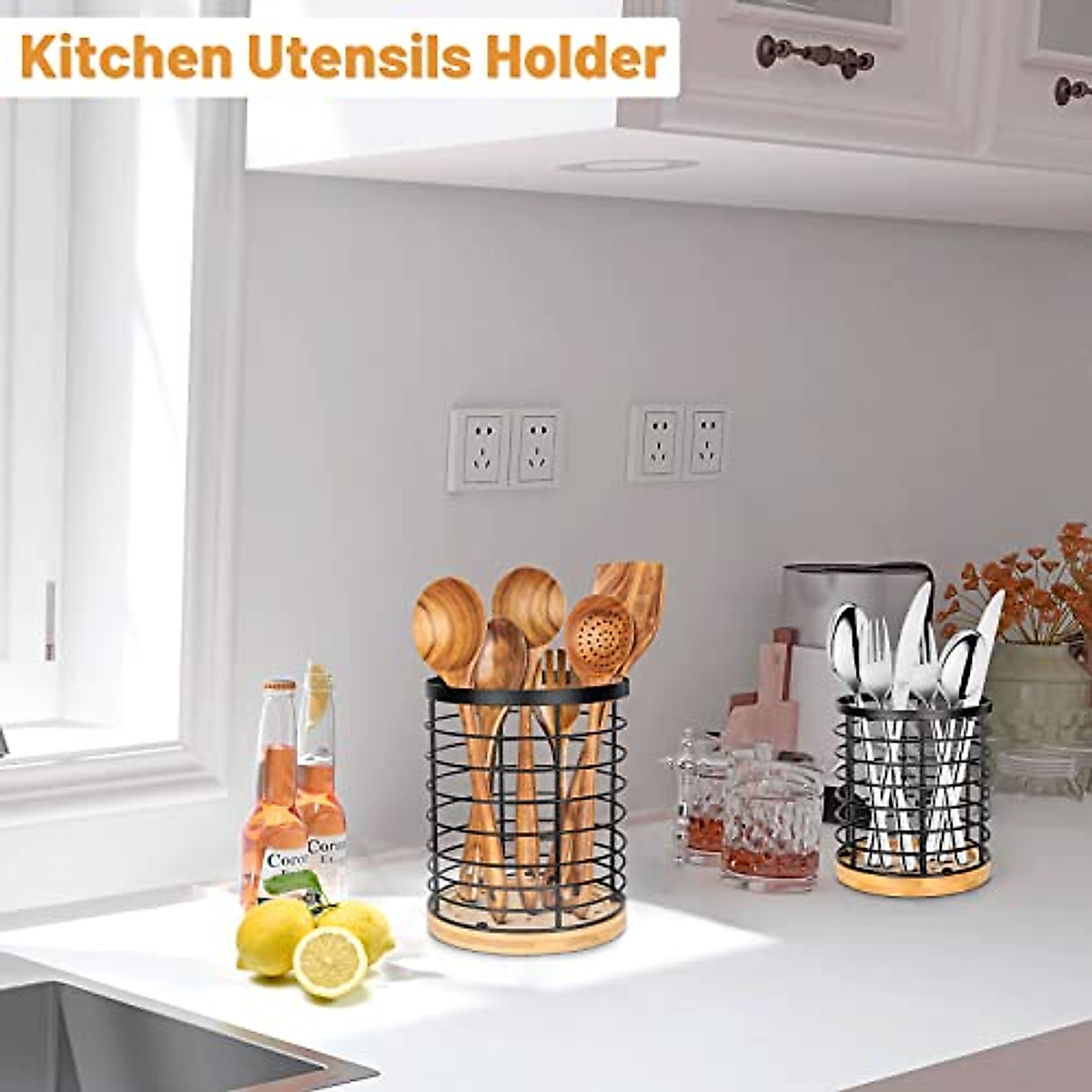 Toosci 2 Pcs Kitchen Utensil Holder - Stainless Steel and Bamboo Utensil Holder for Kitchen Counter, Large Spoon Spatula Holder for Kitchen Organizer（XL+L