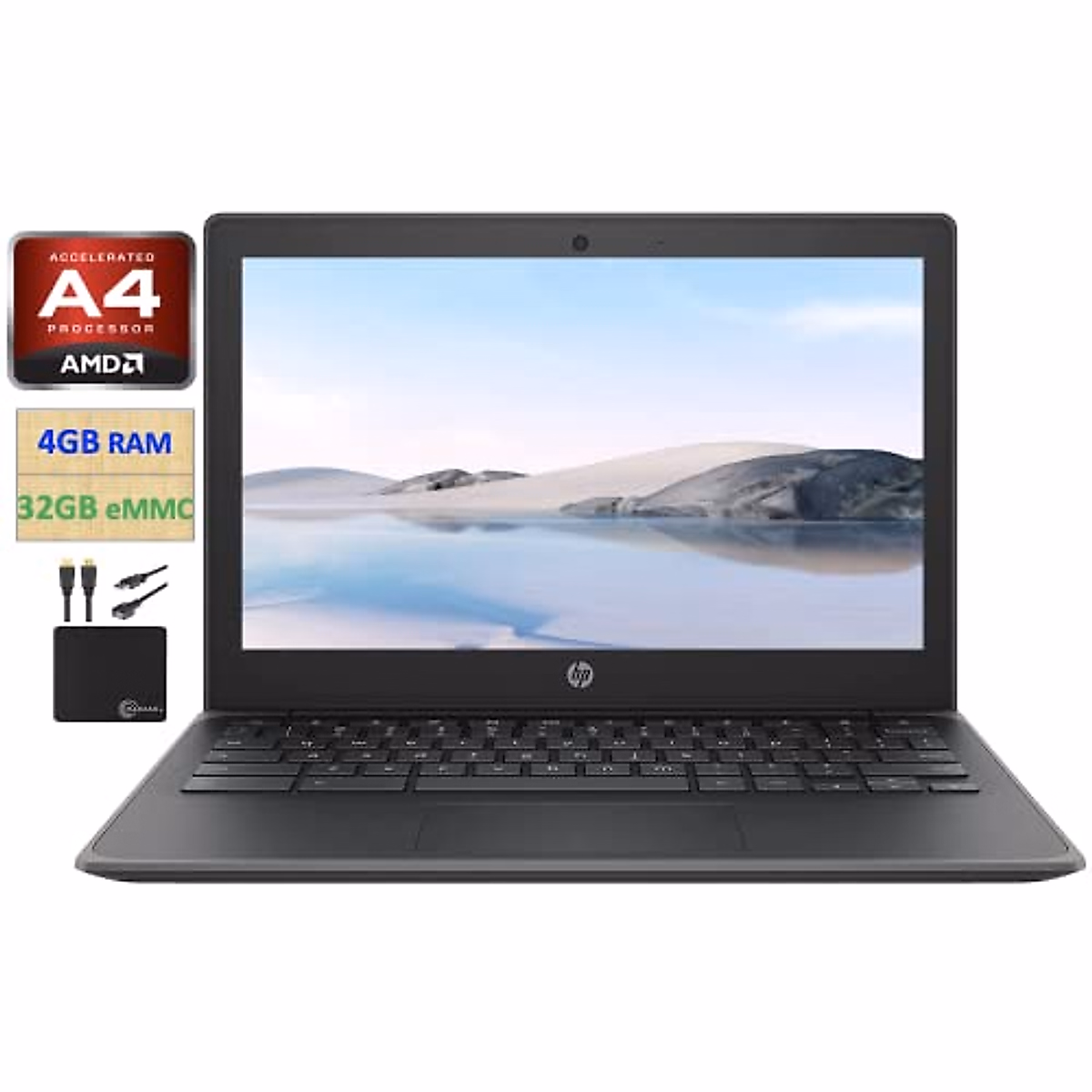 HP 2022 Newest Chromebook Laptop Student Business, 11.6" HD Display, AMD A4-9120C Processor (Up to 2.4GHz), 4GB RAM, 32GB eMMC,HD Webcam,WiFi 5, Bluetooth, Long Battery Life, Chrome OS +MarxsolCables