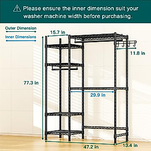 Ulif U7 Over The Washer and Dryer Storage, Laundry Room Heavy-Duty Space Saver with 6 Shelves and 2 Hanger Rods, Laundry Clothes Drying Rack and Toiletries Organizer, 47.2”W x 13.4”D x 77.4”H, Black
