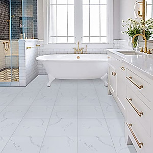 Peel and Stick Floor Tile Waterproof and Durable Vinyl Flooring for Bathroom Self Adhesive Flooring for Transfer Kitchen Bedroom Marble Look with Grey Vein 12x12 Inch (10 PCS)