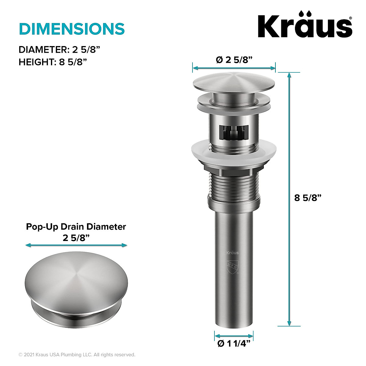 KRAUS Pop-Up Drain for Bathroom Sink with Overflow in Spot-Free Stainless Steel, PU-11SFS