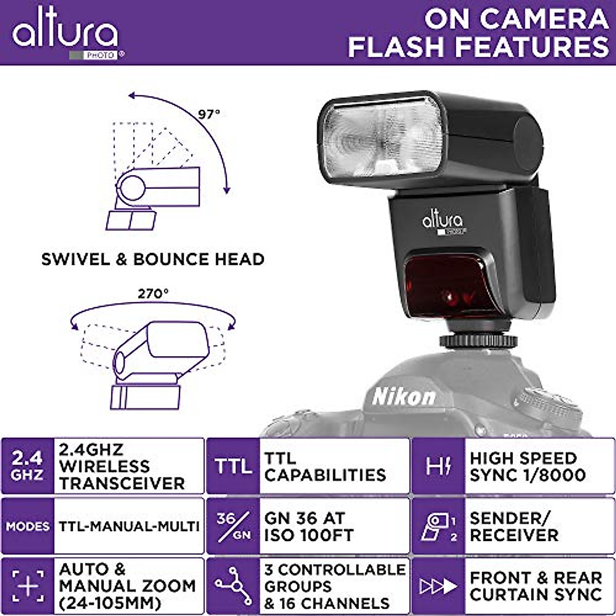 Altura Photo AP-305N Camera Flash Light with Manual Trigger for Nikon D3500 D3400 D3300 D5600 D5500 D5300 D850 D780 D750 D7500 D7200 Z6 Z7 Z50-2.4GHz I-TTL Speedlight for Mirrorless and DSLR Camera