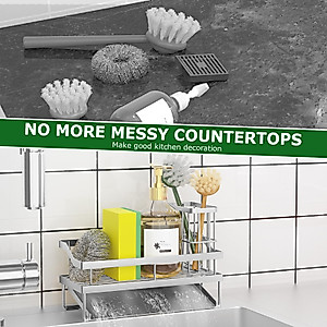 Youfala Kitchen Sink Caddy Sponge Holder for Kitchen Sink, Kitchen Sink Organzier and Storage with High Brush Holder, Rustproof 304 Stainless Kitchen Gadgets Dish Sponge Organizer (Lacquer Silver)