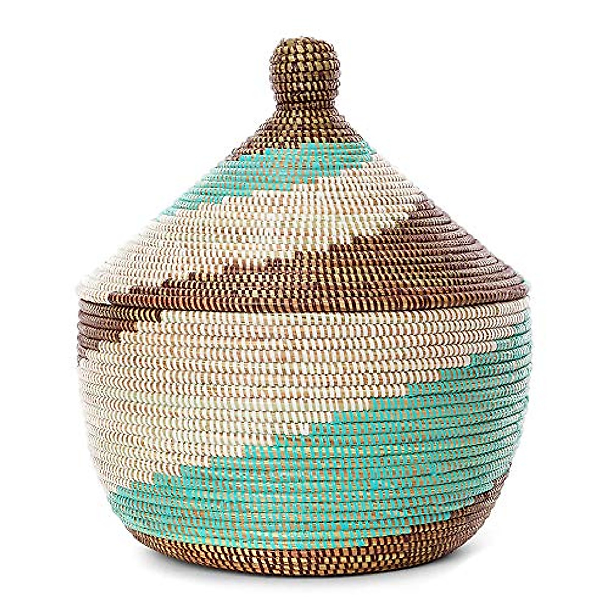 African Fair Trade Handwoven Warming Basket, Aqua, White, and Brown Spiral
