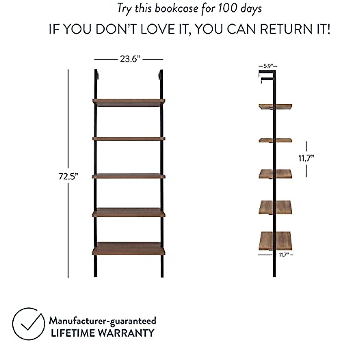 Nathan James Theo 5-Shelf Oak Wood Modern Bookcase, Open Wall Mount Ladder Bookshelf & Matte Black Accents with Storage for Living Room or Nightstand for Bedroom, Oak/Black