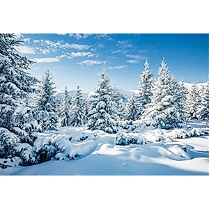 Leyiyi 5x3ft Photography Background Snow Covered Mountain Backdrop Cold Winter Pine Forest Sunlight Merry Christmas Happy New Year Alps Blue Sky Cloud Photo Portrait Vinyl Studio Video Prop