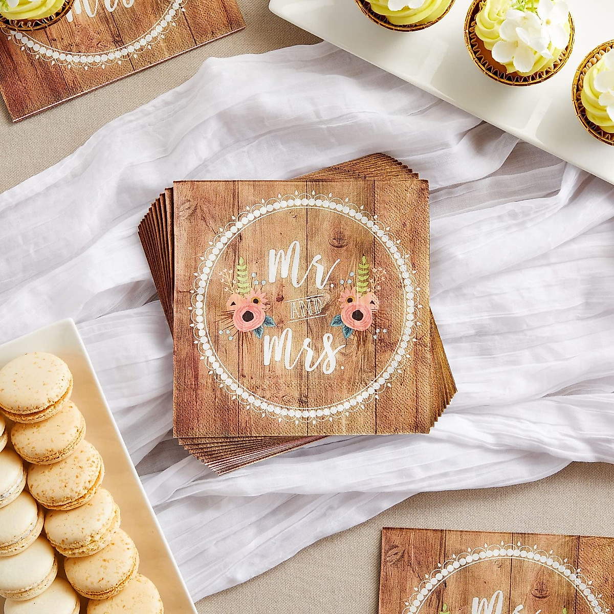 BLUE PANDA 150-Pack Mr and Mrs Napkins, Disposable, Rustic-Style Wedding Napkins for Reception, Bridal Shower Decorations, Engagement Party Supplies (6.5x6.5 in) Bulk Pack