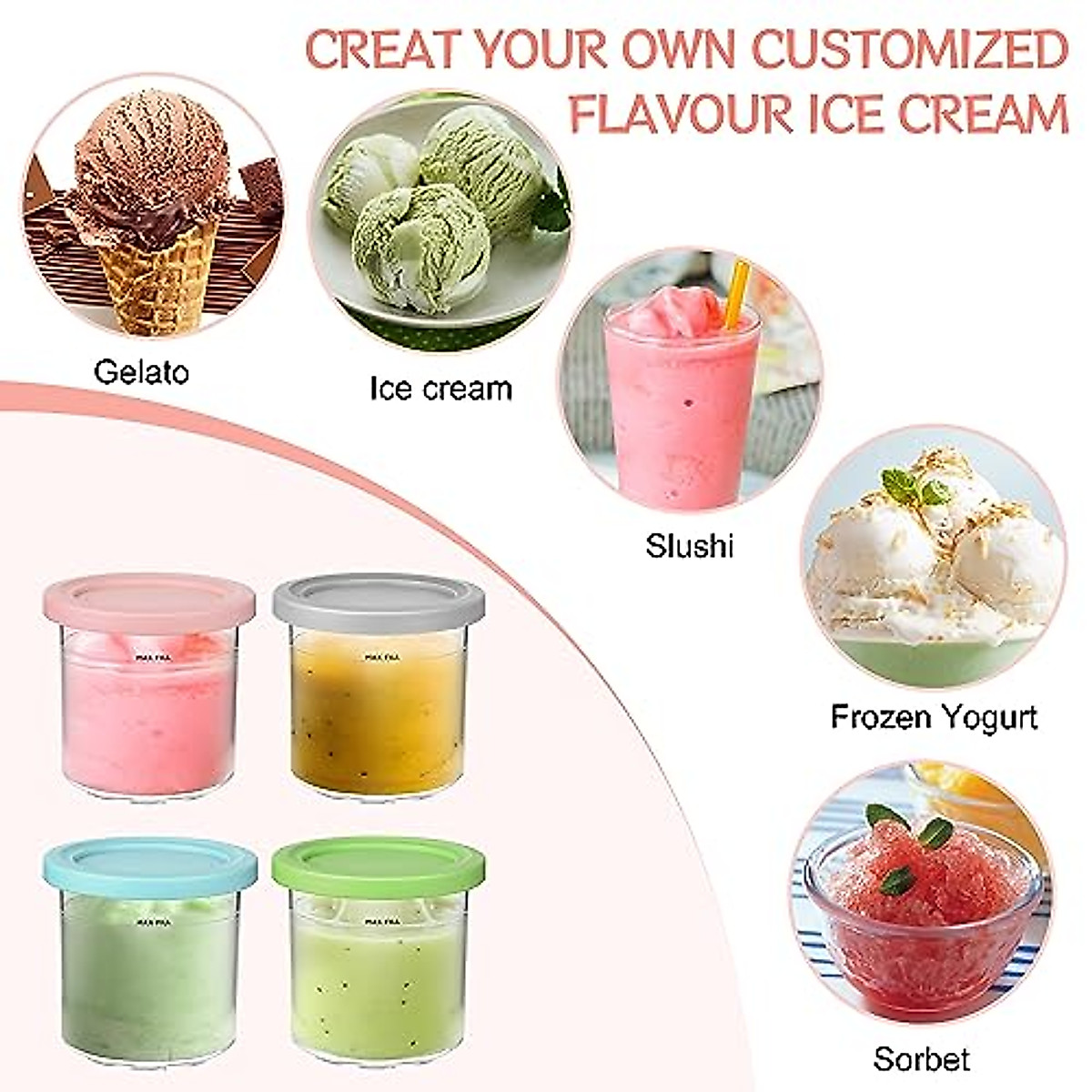 Yammoe Containers Replacement for Ninja Creami Pints and Lids - 4 Pack, 16oz Cup Compatible with NC301 NC300 NC299AMZ Series Ice Cream Maker, BPA Free Dishwasher Safe Leak Proof（with 4Spoon）