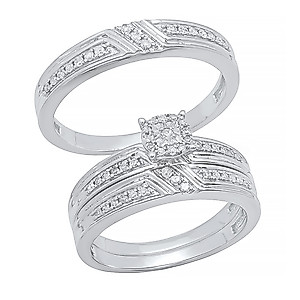 Dazzlingrock Collection 0.35 Carat (ctw) Round White Diamond Illusion Framed Wedding Trio Ring Set in 925 Sterling Silver, Women size 7 & Men size 10