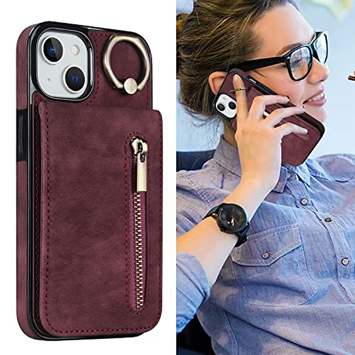 Nunwiza for iPhone 14 Case/iPhone 13 Case Wallet with Card Holder, Leather Protective Case Purse with Ring Holder for Apple iPhone 14 6.1 inch Wine Red