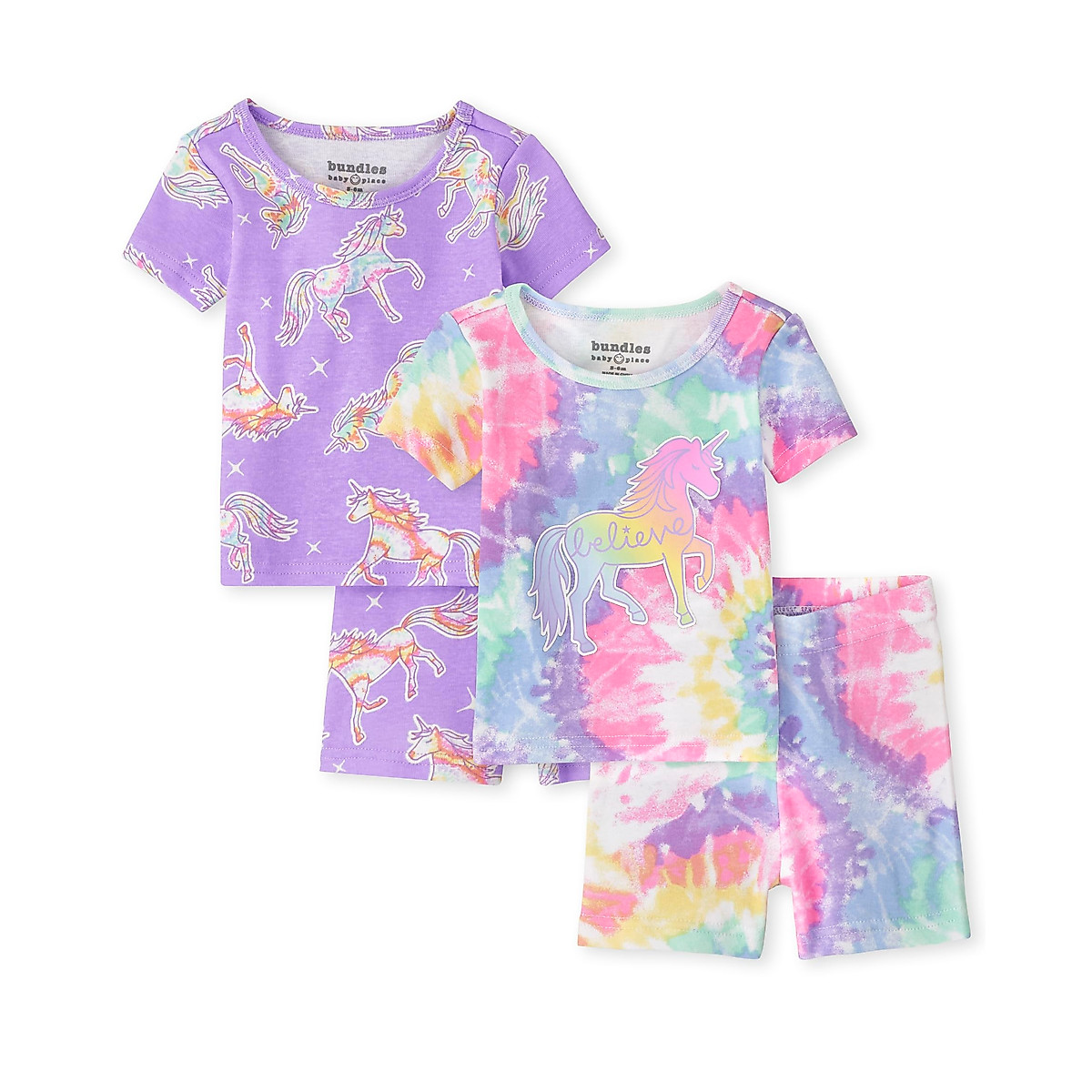 The Children's Place Baby Girls' and Toddler Snug Fit 100% Cotton Sleeve Top and Shorts 4 Piece Pajama Set, Lavendar Tie Dye, 4T