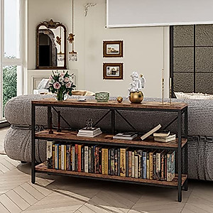 Jevindo 3-Tier Console Table for Entryway, 55in Sofa Table w/Open Shelf and Adjustable Feet, Industrial Long Narrow Hallway Table with X-Bars for Hallyway, Living Room, Bedroom, Easy to Install