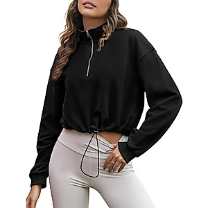 Flygo Womens Half Zip Sweatshirts Stand Collar Activewear Running Workout Pullover Tops(Black-S)