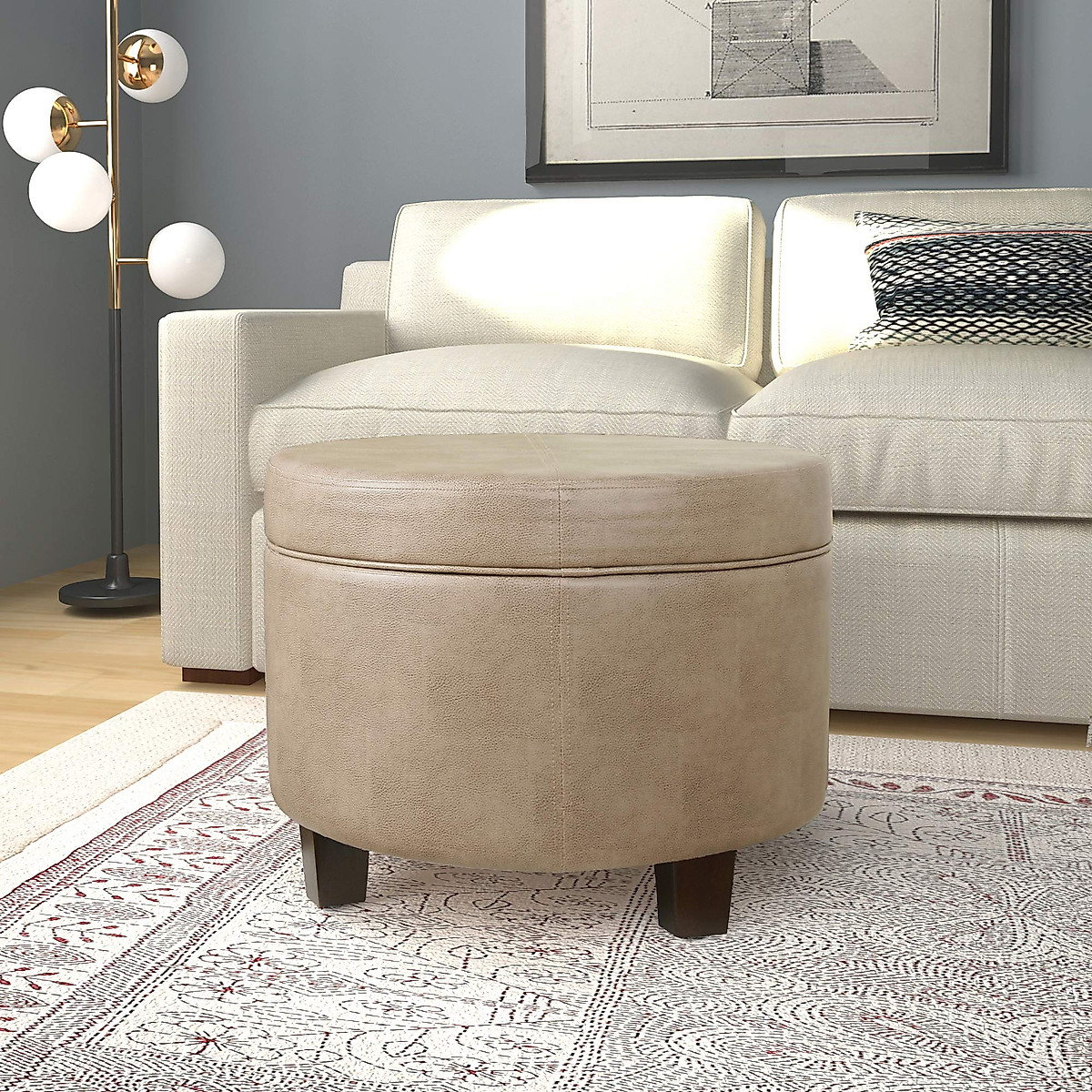 Homepop Home Decor | Upholstered Faux Leather Round Storage Ottoman | Ottoman with Storage for Living Room & Bedroom, Taupe Brown