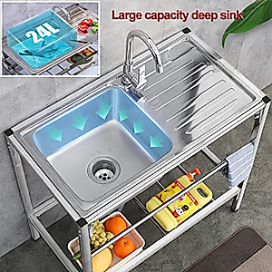 Utility Stainless Steel Single Bowl Kitchen Sink,Commercial Restaurant Movable Free-standing Sink,Laundry Sink,Portable Sink,with Faucet,Drainer,Drain Pipe,Storage Shelf,for Farmhouse,Outdoor,Garage (