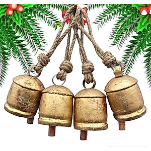 4 inch Giant Harmony Cow Bells Huge Vintage Handmade Rustic Lucky Christmas Hanging jingle bells (Country Rustic, Large) Set of 4 Handmade Bells with Jute Rope