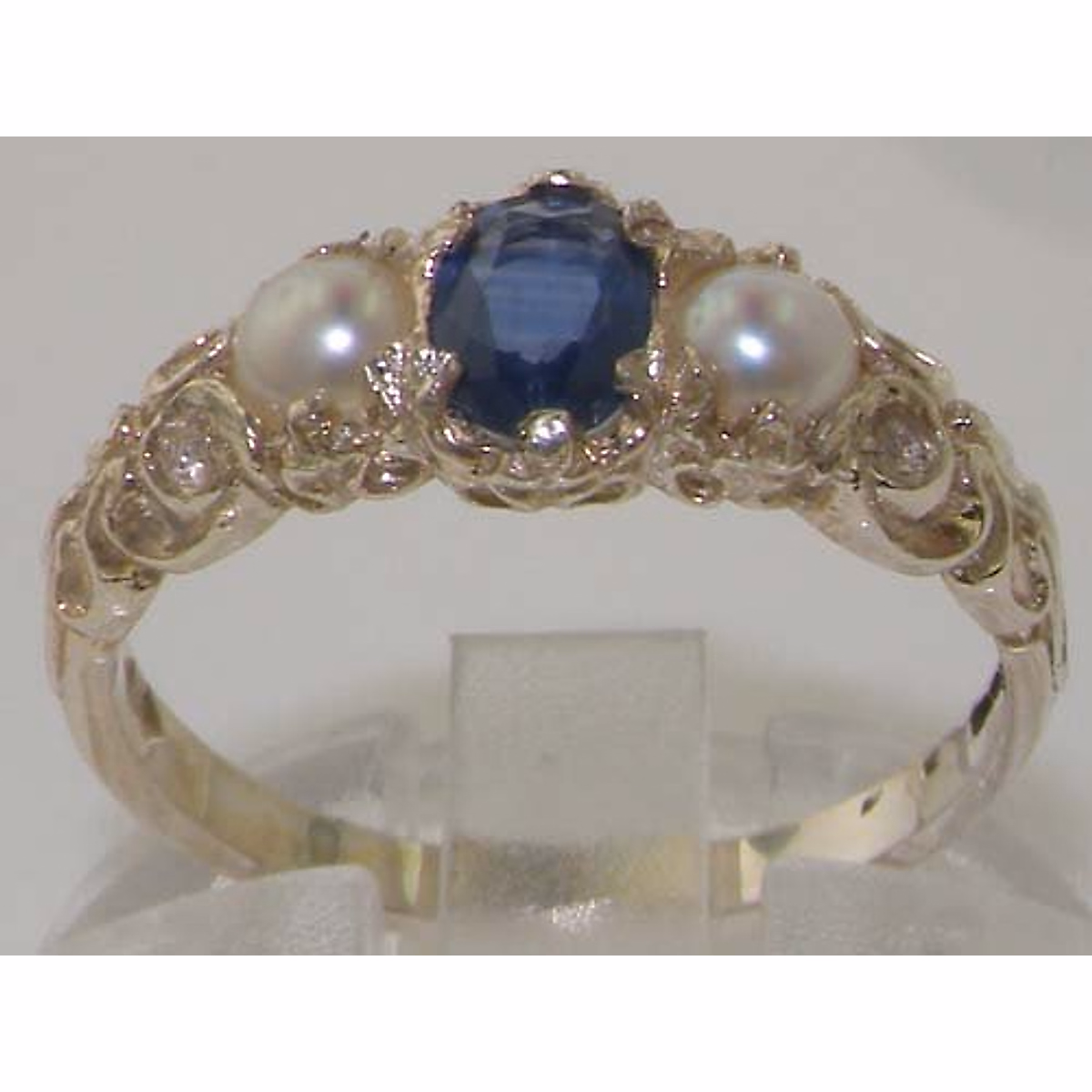 LetsBuyGold 925 Sterling Silver Natural Sapphire and Cultured Pearl Womens Promise Ring - Size 6.5