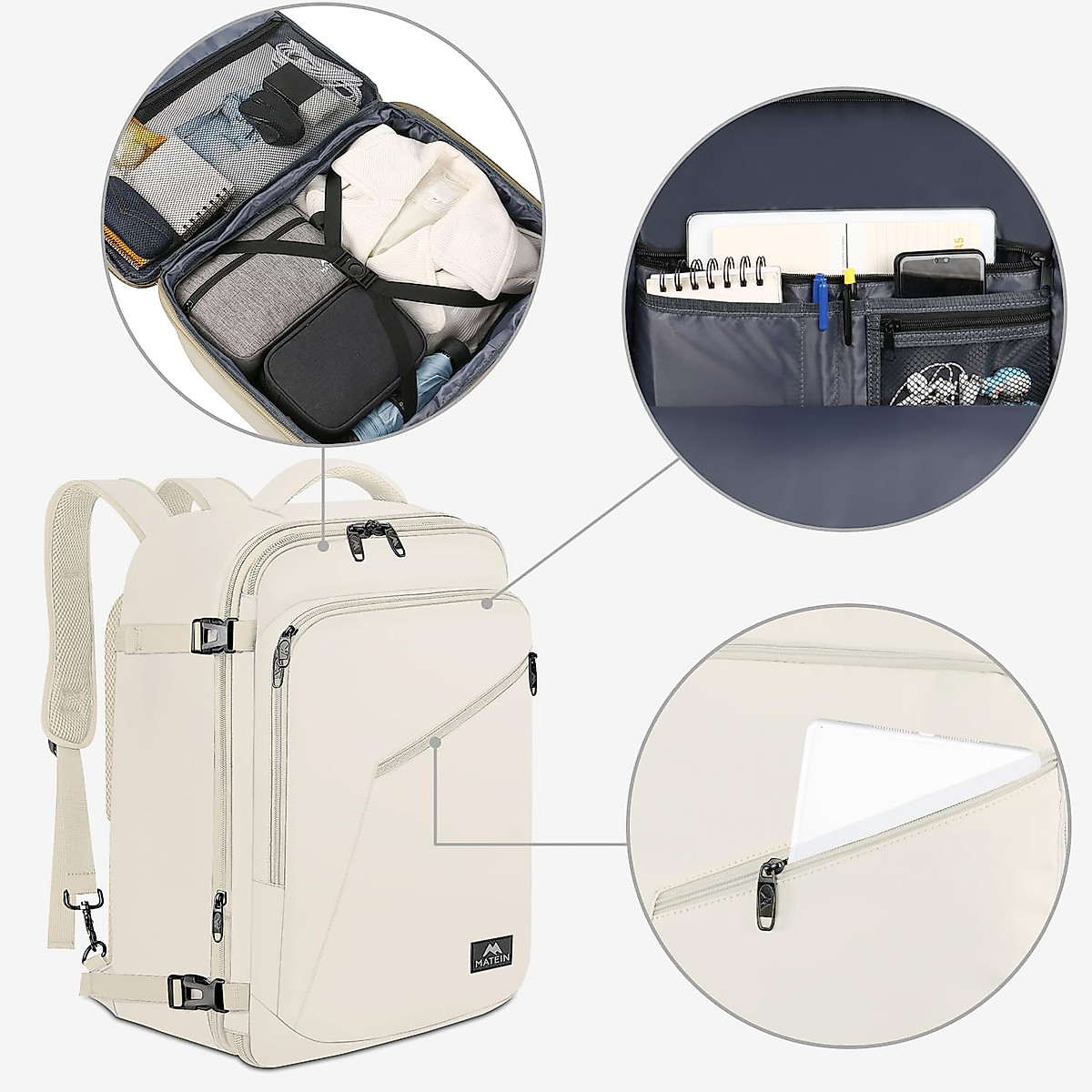 MATEIN Large Travel Backpack Women, Lightweight Carry on Backpack & Hidden Shoulder Straps, Waterproof Anti-Theft Daypack for Flight, Expandable Hiking Weekend Daypack, Travelling Gifts, Beige